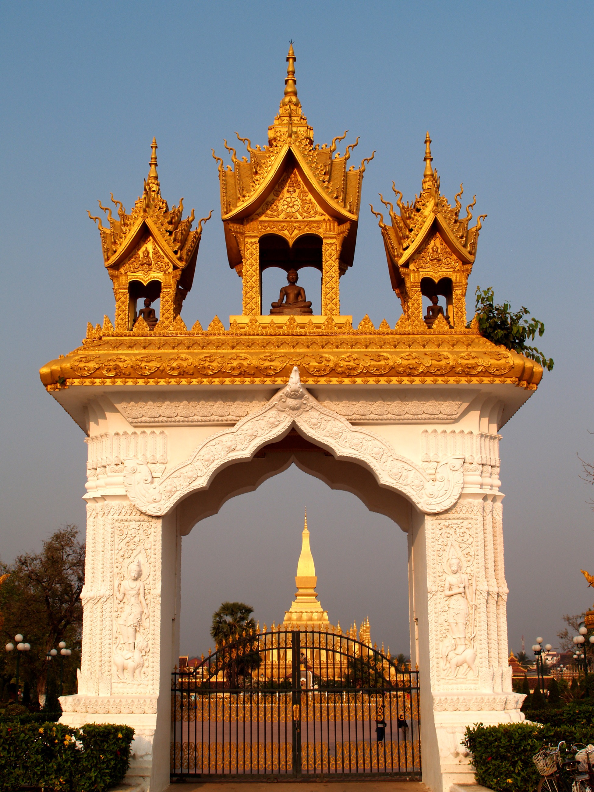 Traditional gates at golden wat pha-that luang pagoda, Laos, Vientiane ...