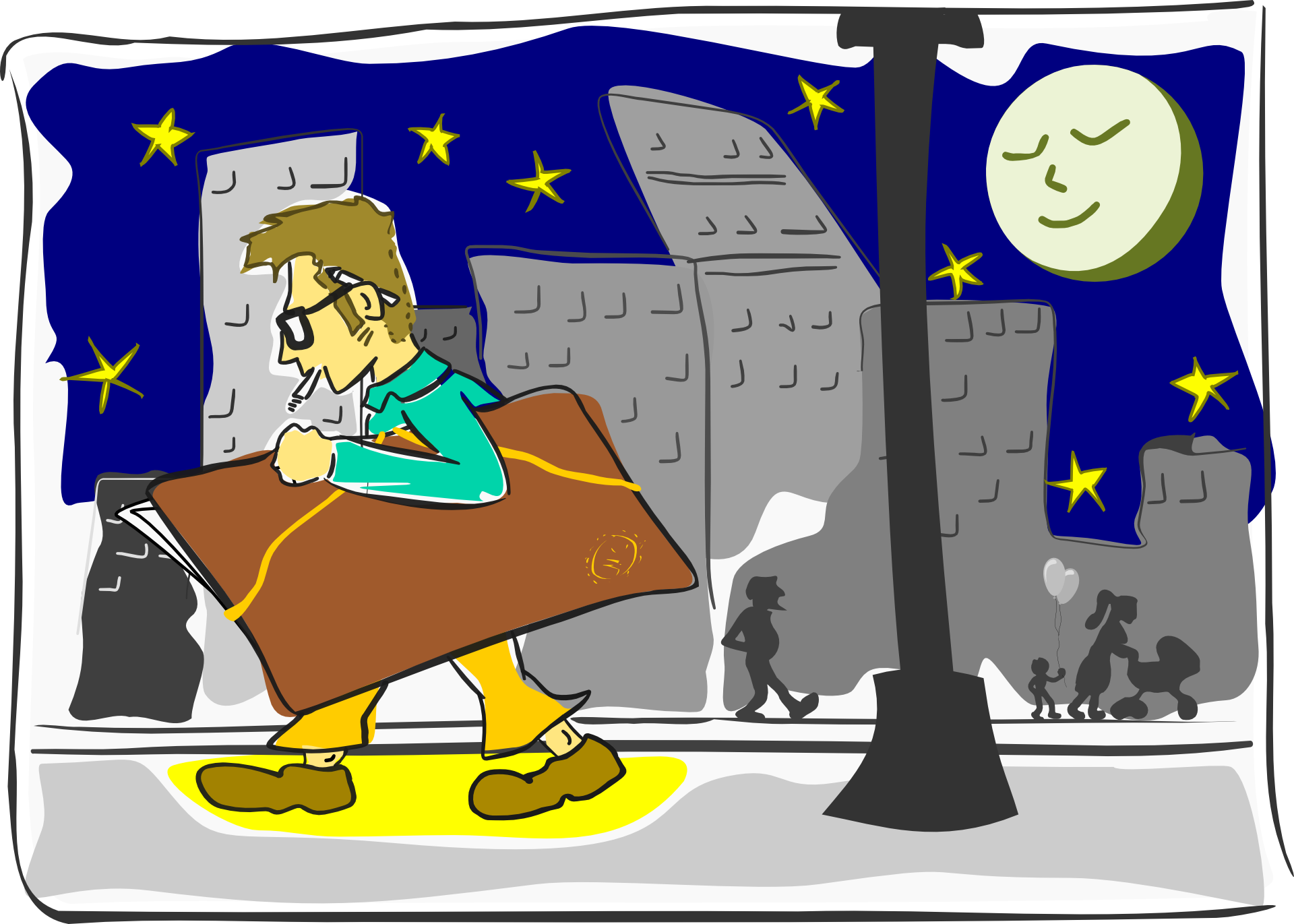Cartoonist artist walking on street in city at night free image download