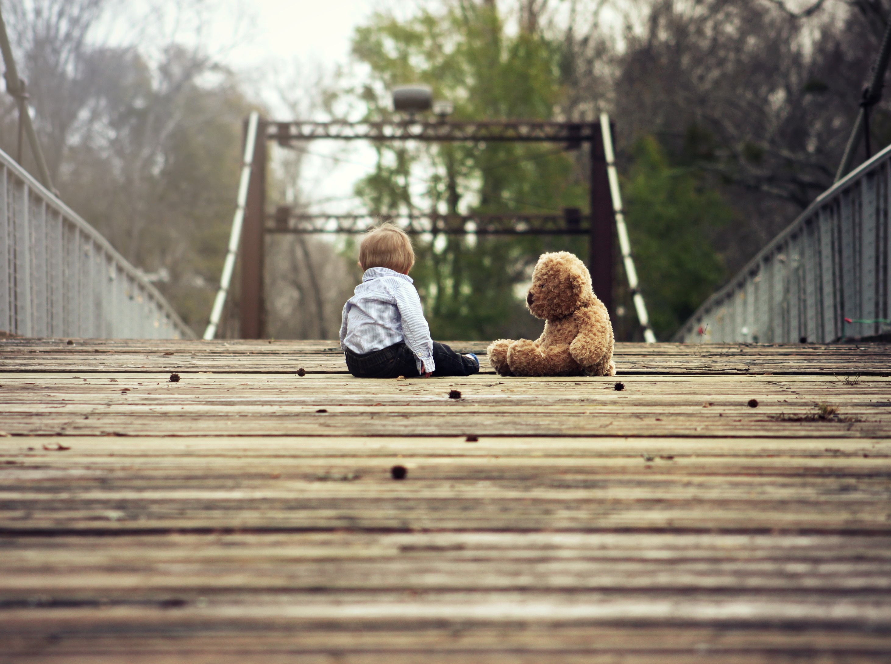 Baby boy and teddy bear on a bridge free image download
