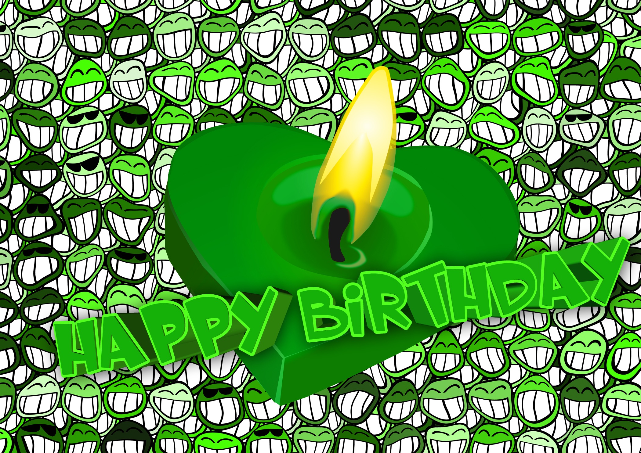 Happy birthday green greeting card with laughing faces, digital art ...