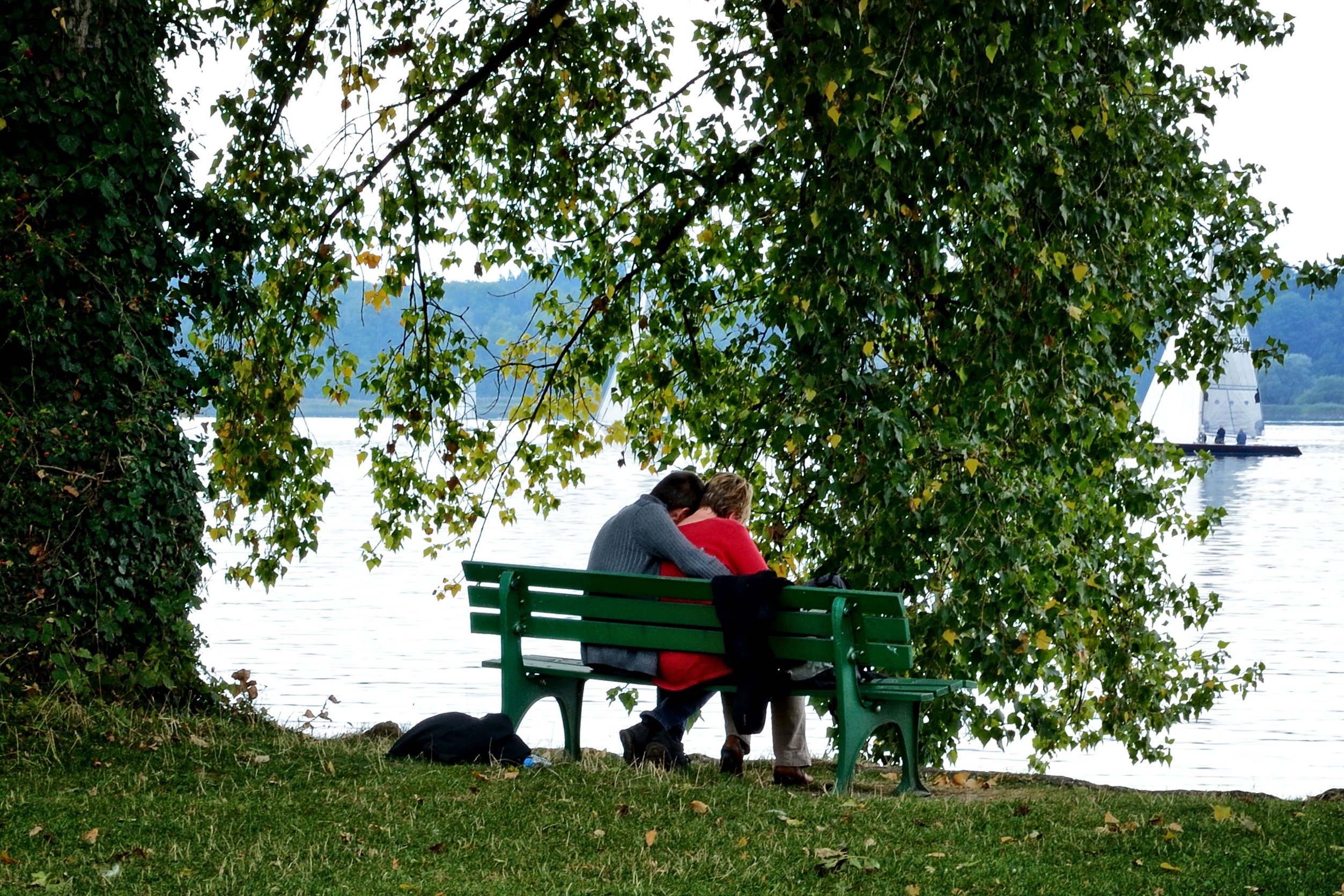 Couple in love on benches by the river free image download