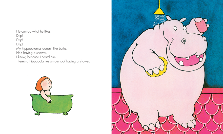 Cartoon pink hippo having shower and baby girl in bath free image download