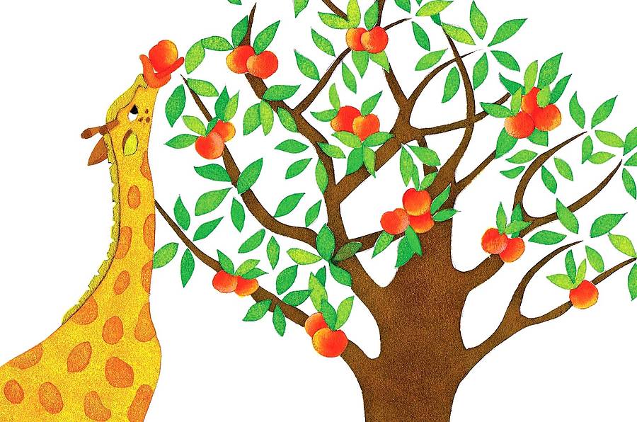 Giraffe near the peach tree as a graphic illustration free image download