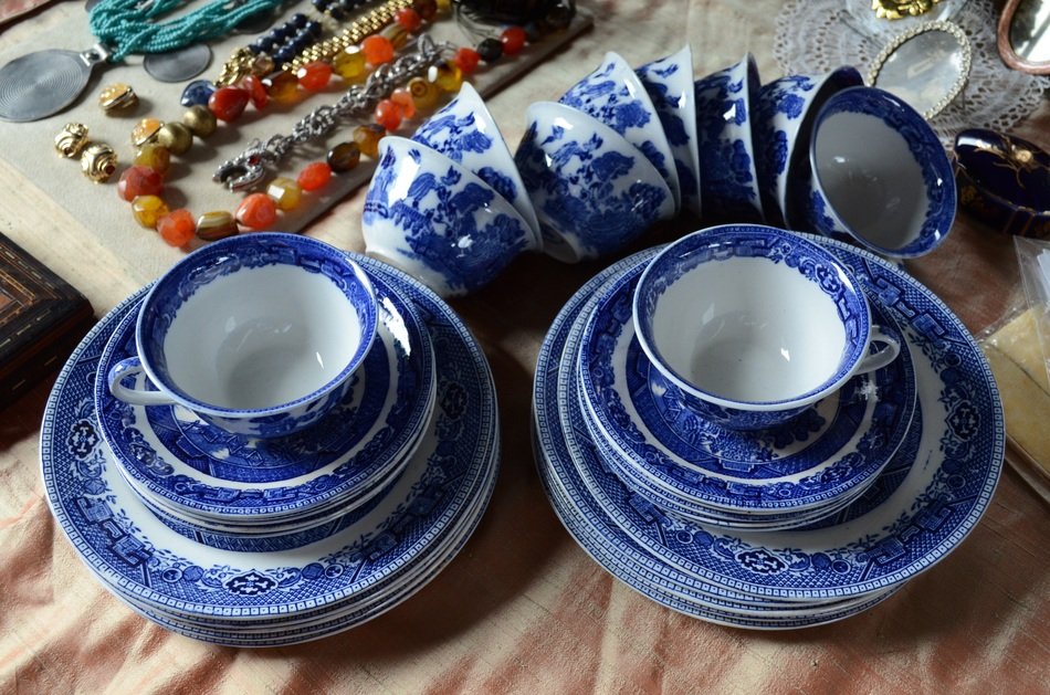 Tea set in blue painting as a craft free image download