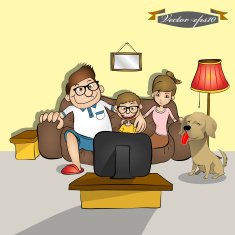 Family and dog watching TV vector N2 free image download