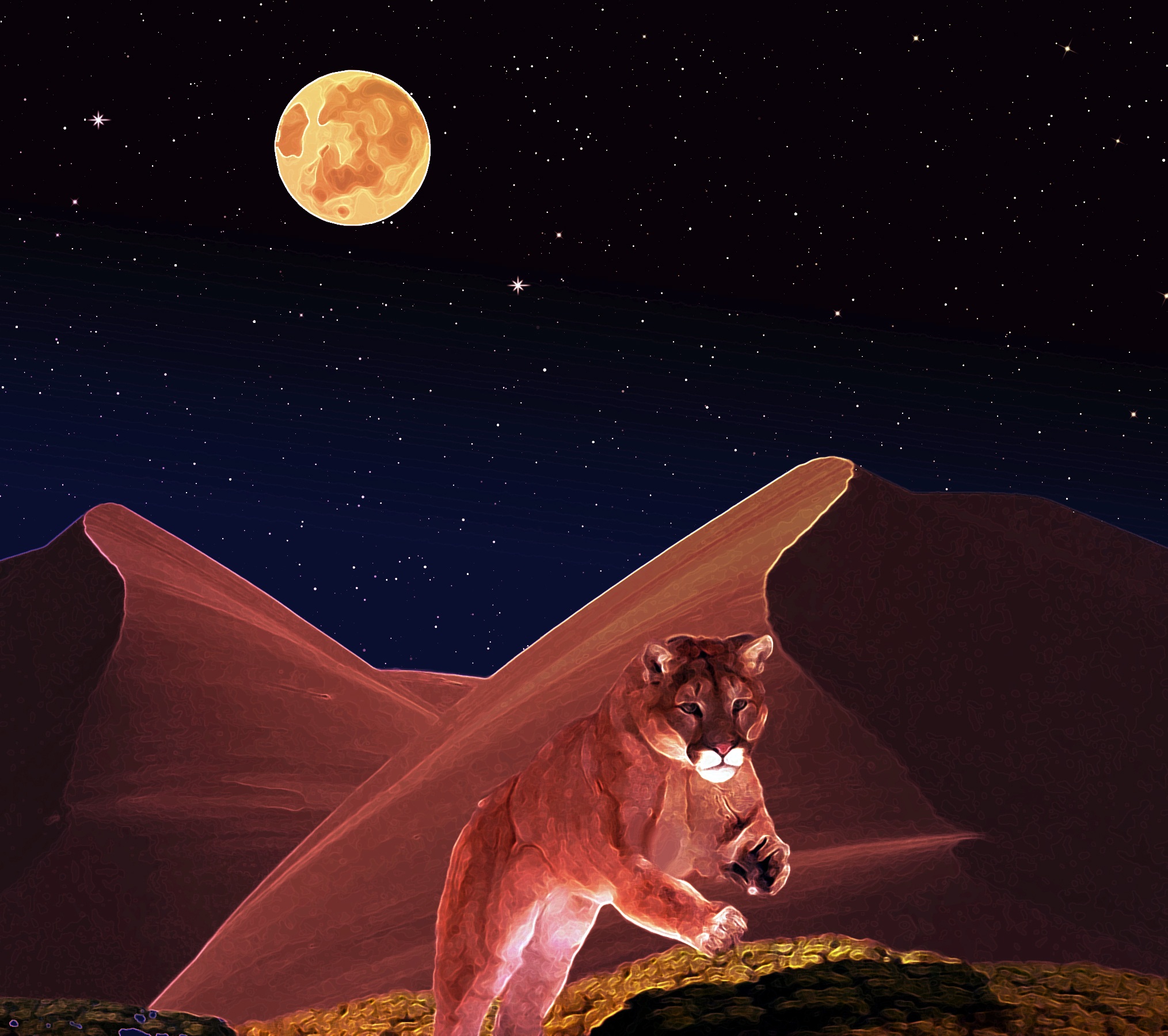 Puma jumping at night as a drawing free image download
