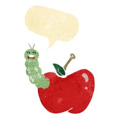 Cartoon bug eating apple with speech bubble free image download