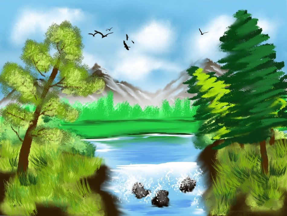Digital drawing in the form of a lake with green trees near the ...
