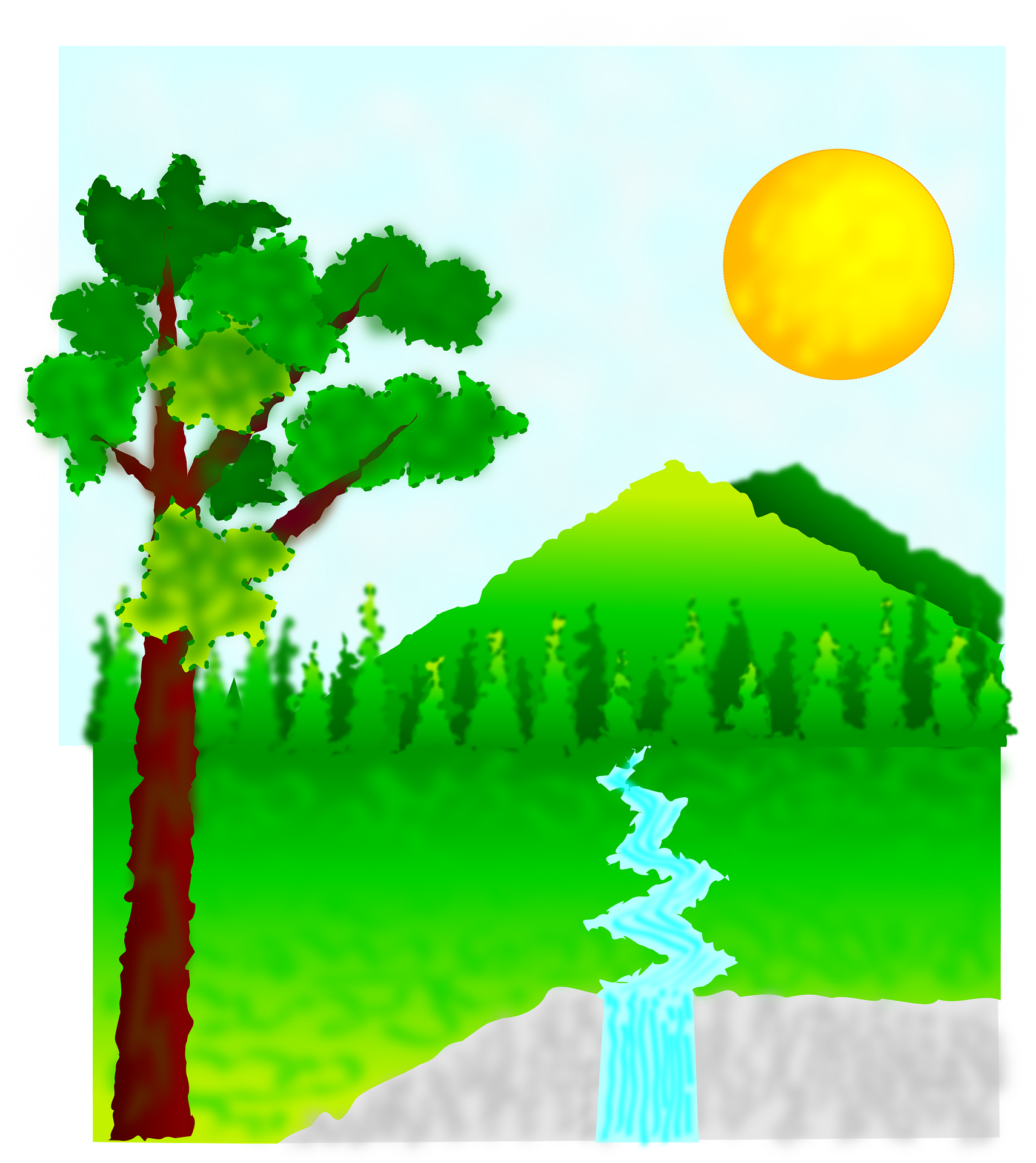 Summer landscape with sun above mountain, drawing free image download