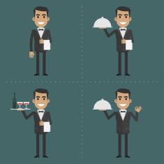 Adult waiter shows gestures and holds utensils free image download