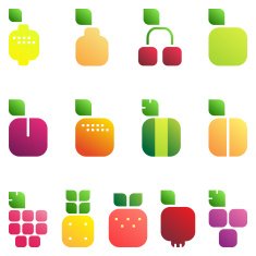 Set of fruits and berries with leaves Shiny style icons free image download