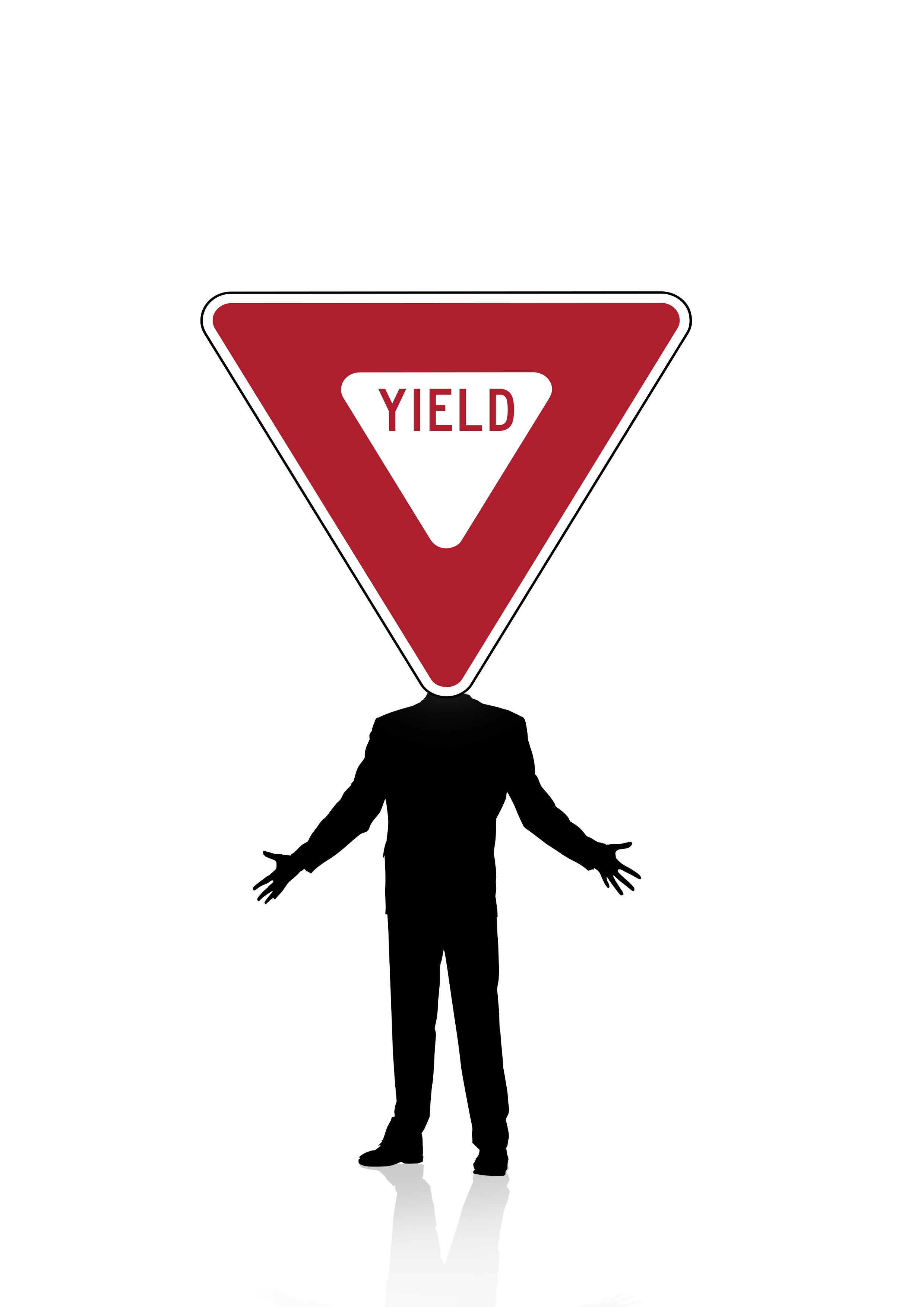 A red yield road sign on a background of the person silhouette free ...