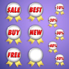 Set of white shiny badges with ribbons on sale free image download