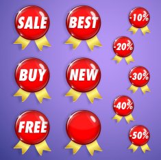 Set of red shiny badges with ribbons on sale free image download