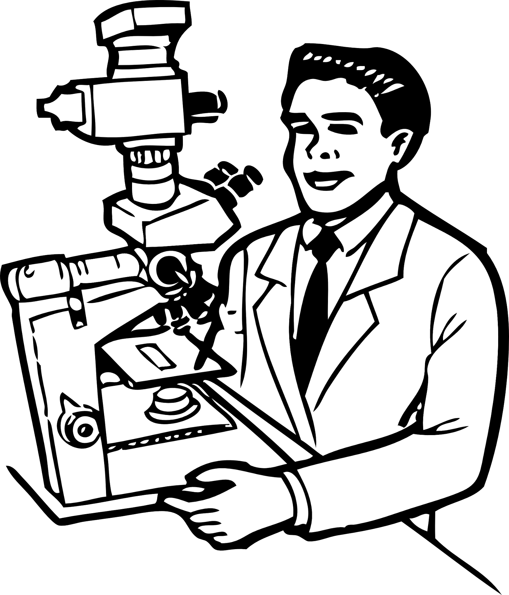 Man in front of microscope, black and white illustration free image ...