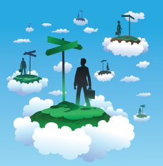 Floating Islands with People and Directional Signs free image download