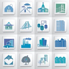 Architecture And Engineering icon Set On Square Button Blue Colorful N2 ...
