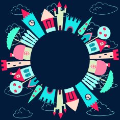 Cartoon style houses round frame N2 free image download