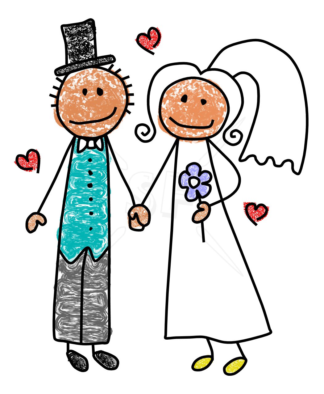 Children`s pencil drawing bride and groom free image download