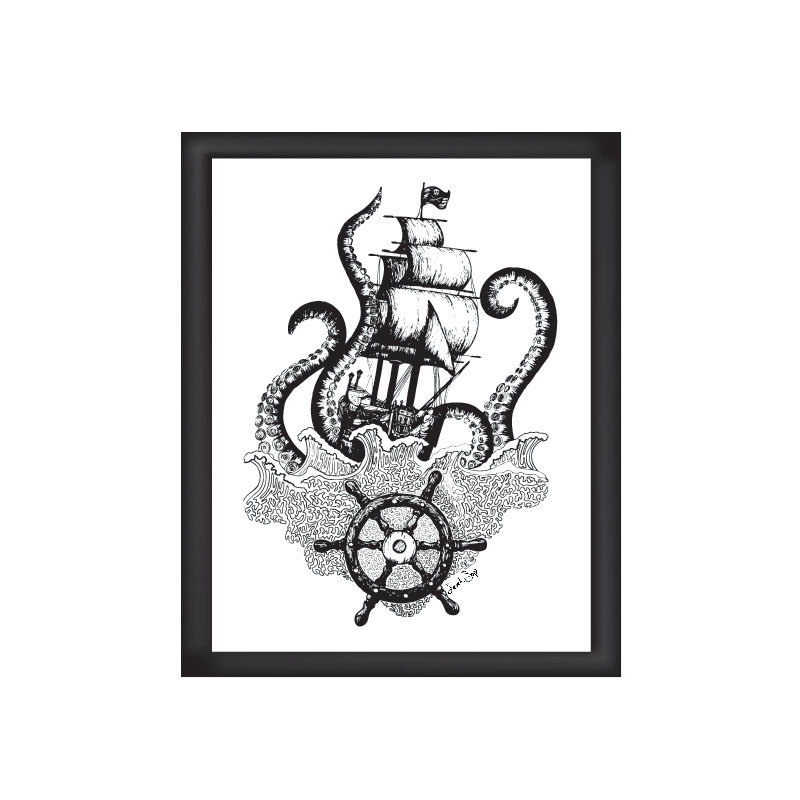 Octopus Ship Art drawing free image download