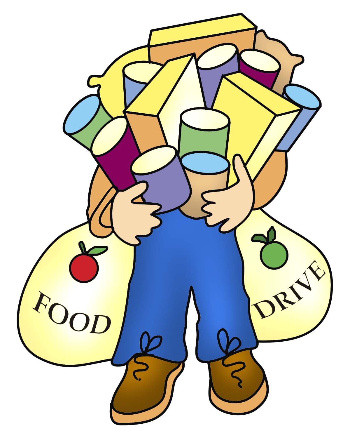Cartooon person with cans and packs, Food Drive free image download
