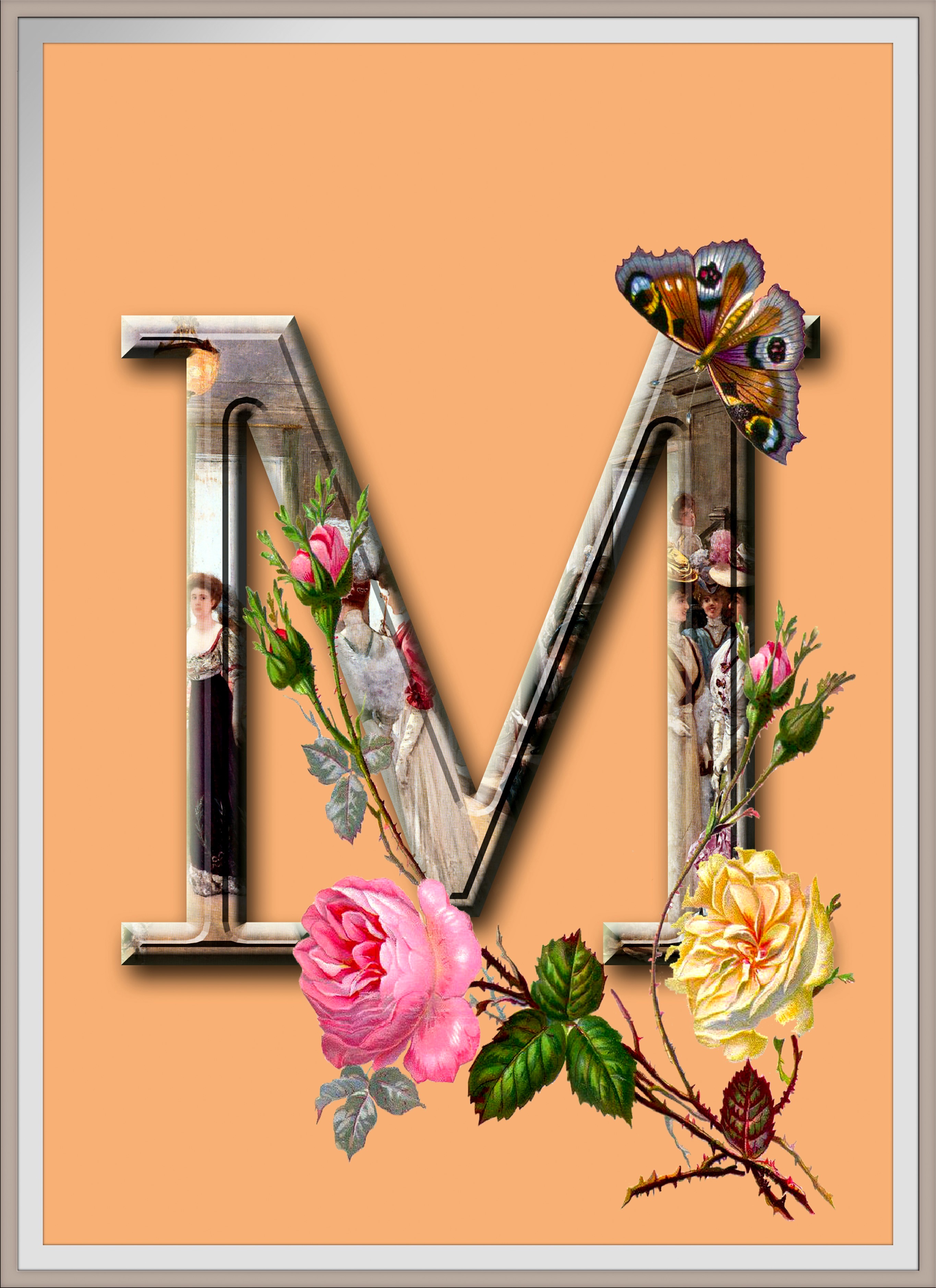 Letter M with butterfly and flowers free image download