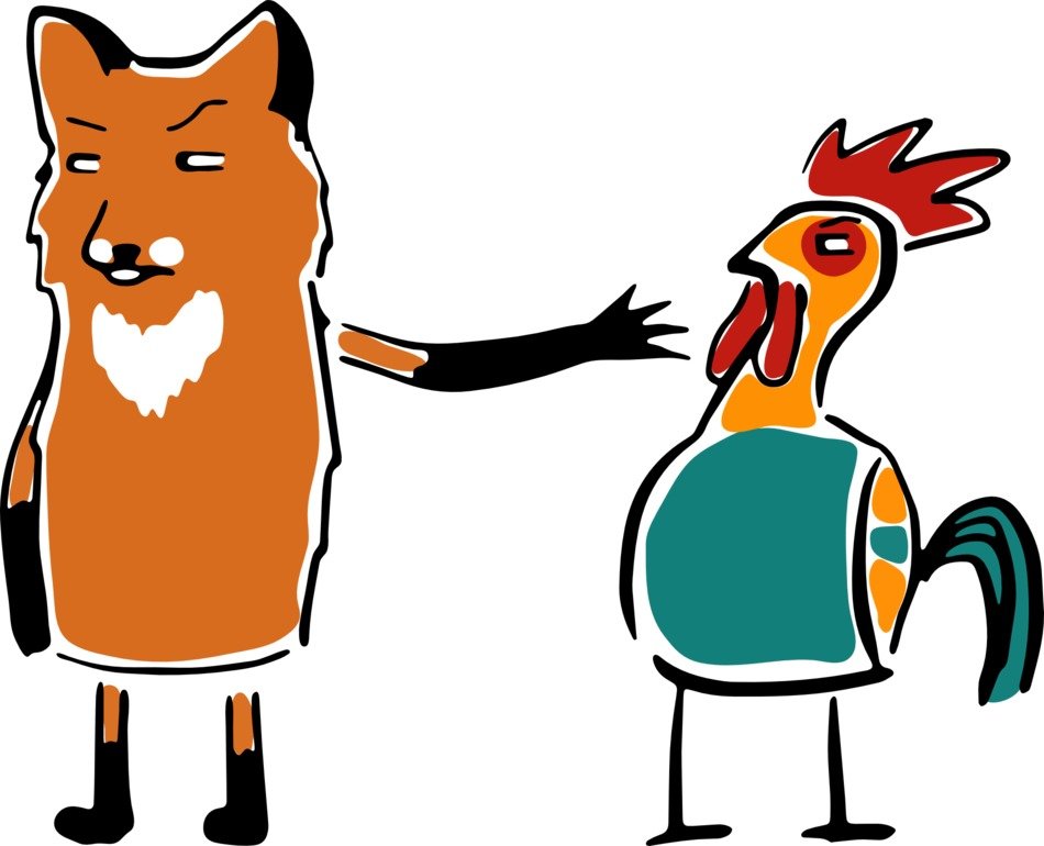 Colorful fox and rooster drawing at white background free image download