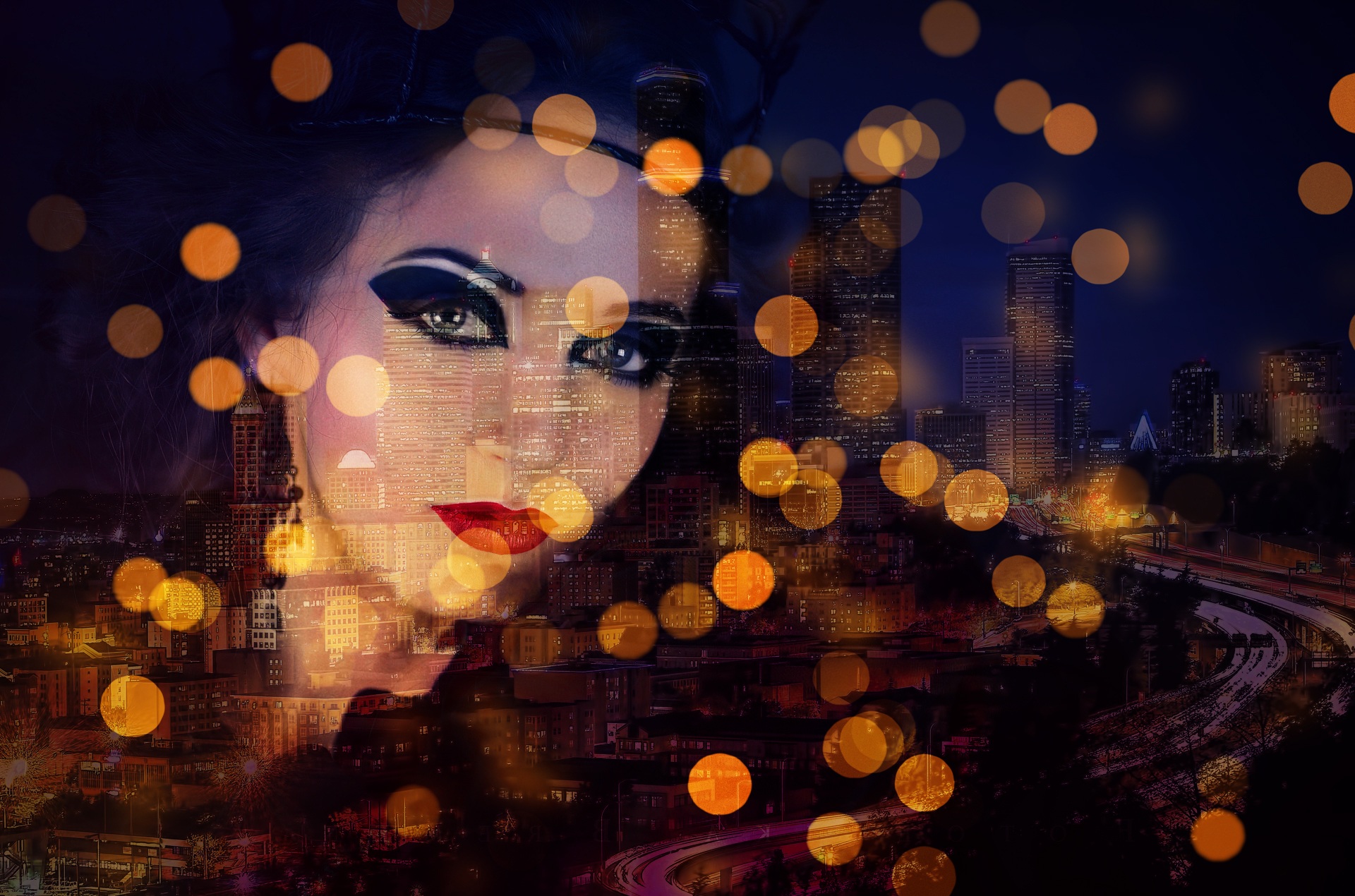 Woman's face behind the glare of light in the dark as an illustration ...