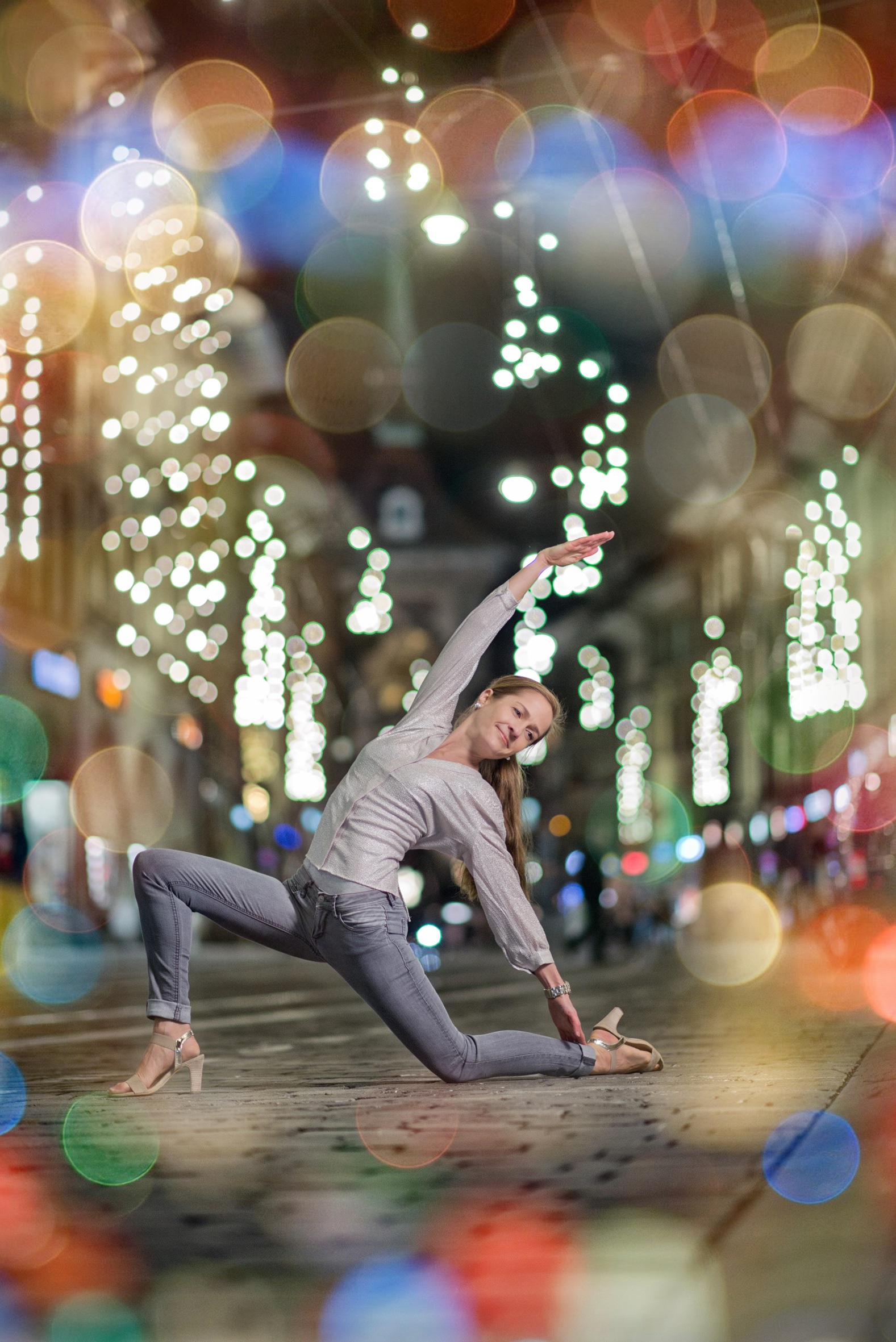 Woman dancing on the road with lights free image download