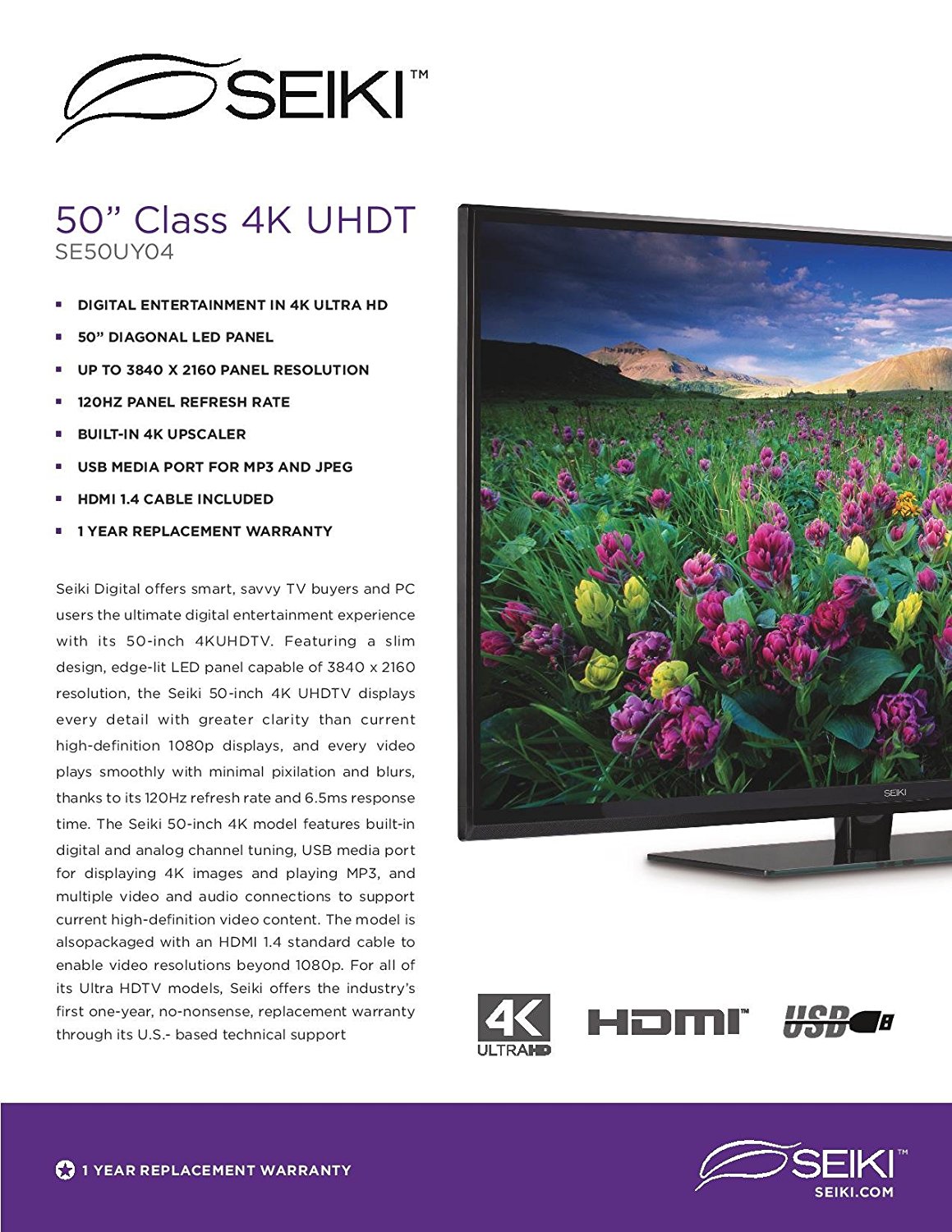 Seiki SE50UY04 50-Inch 4K Ultra HD 120Hz LED TV (Discontinued) N6 free ...