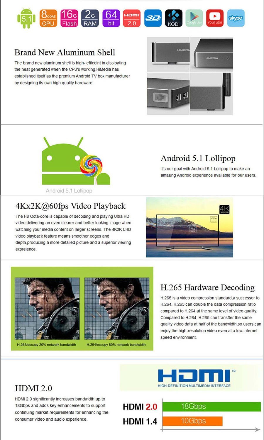 Wangang HiMedia H8 64bit Octa-Core Android 5.1 Lollipop TV Box 2GB RAM ...