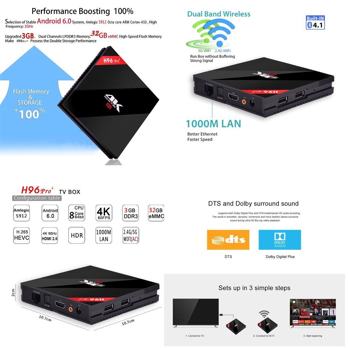 2017 H96 PRO+ 3GB RAM 32G Android 6.0 TV BOX Pinwheel 8 core Amlogic ...