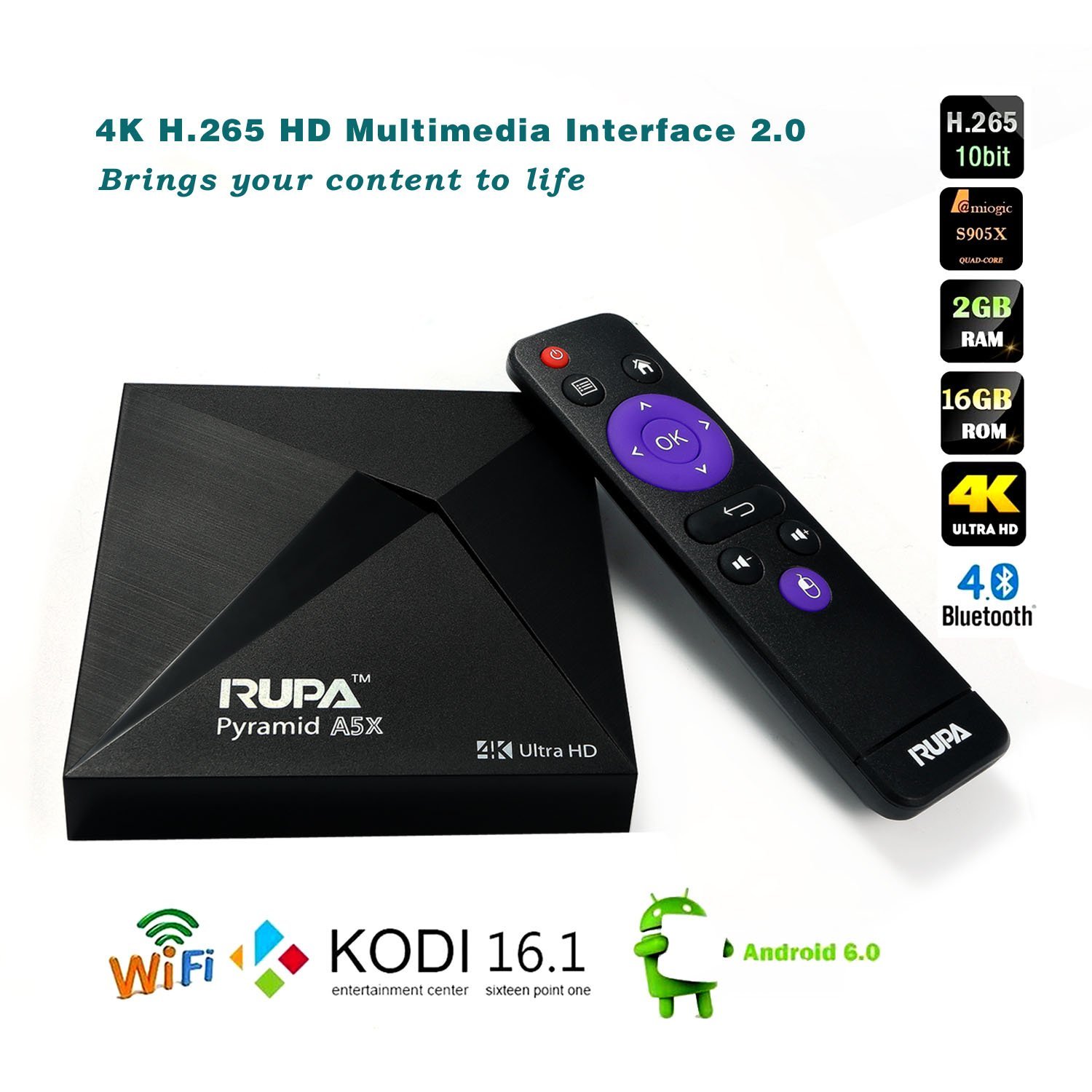 RUPA A5X TV Box Amlogic S905X Quad Core 2G/16G HD 4K Original Android 6 ...
