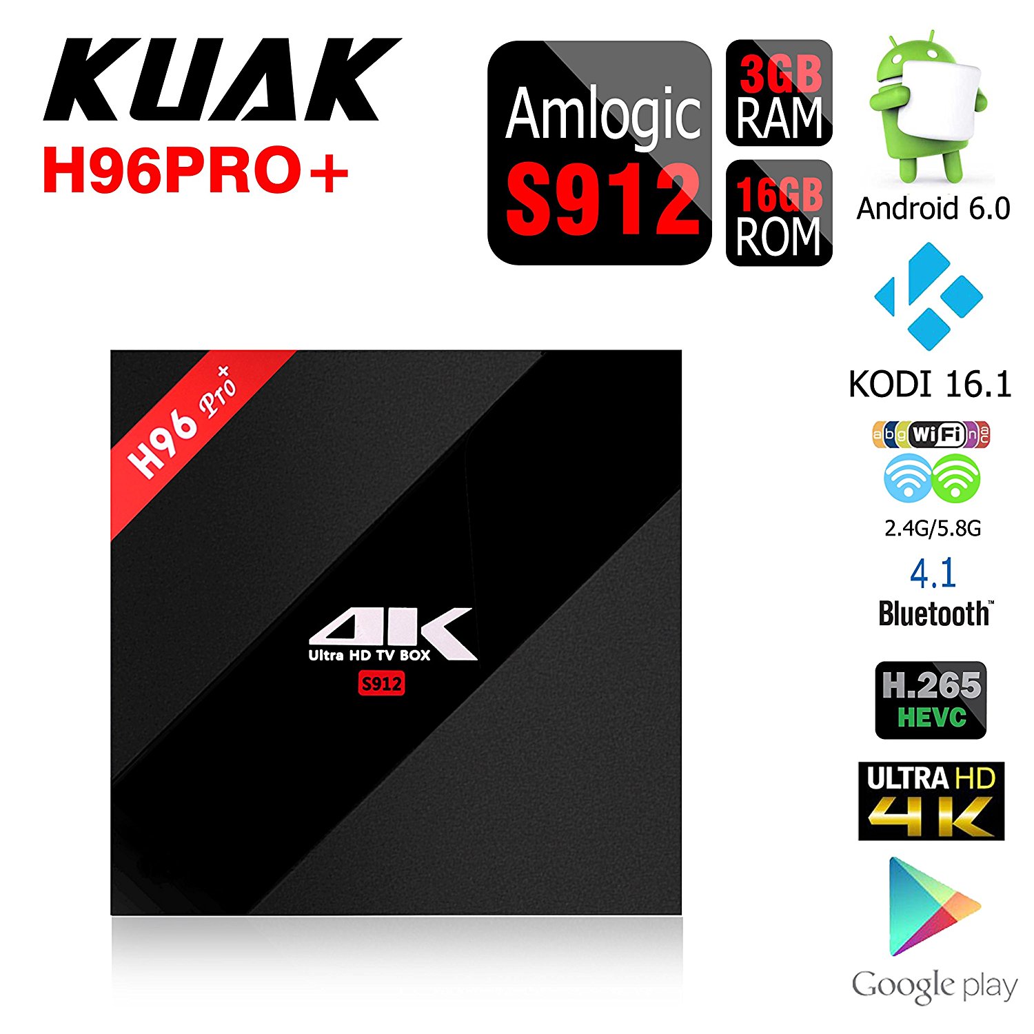 KUAK H96 PRO+ TV BOX Amlogic S912 Android 6.0 Kodi 16.1 octa Core 3GB ...