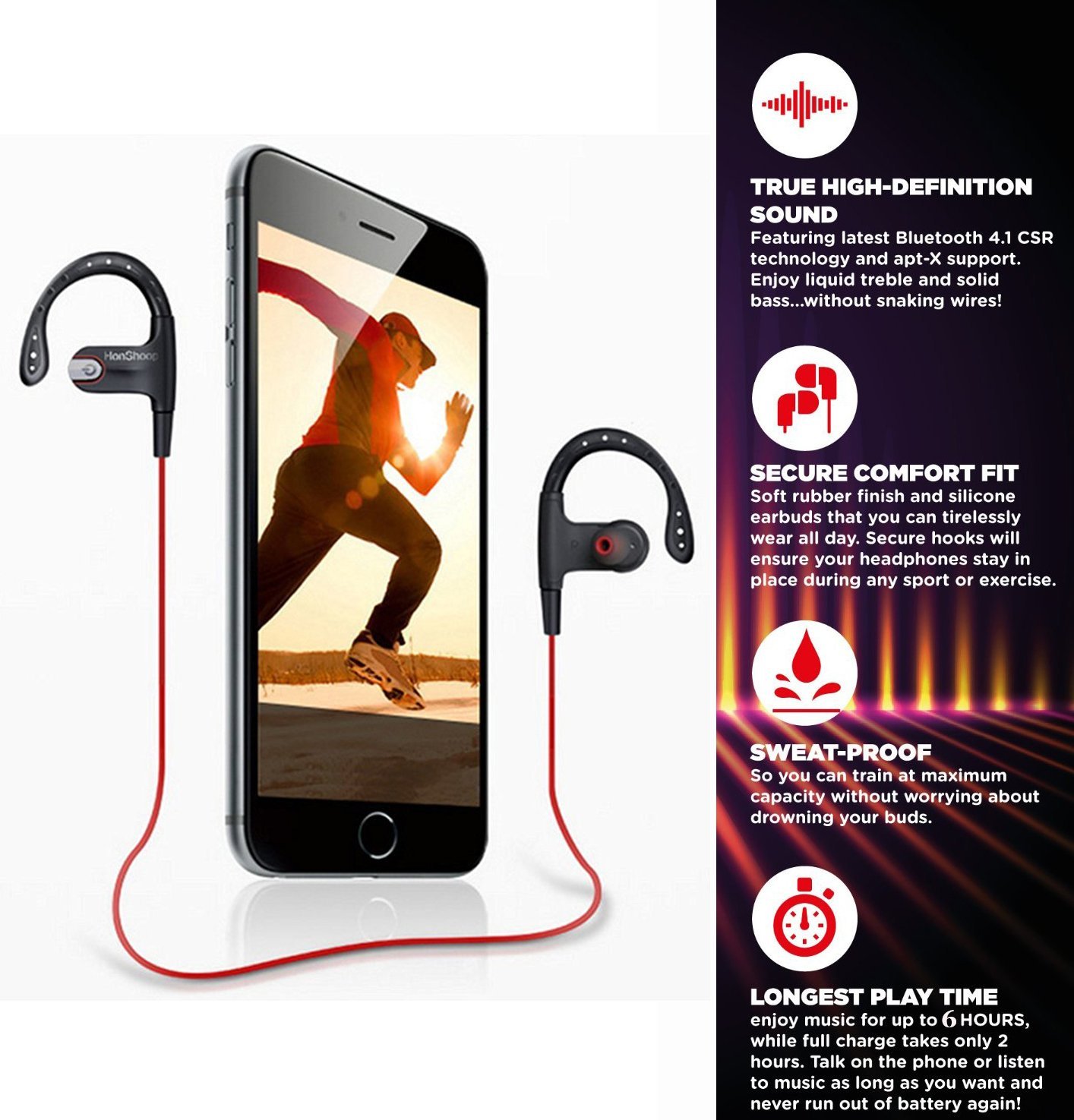 Bluetooth Headphones Sport,Honshoop Bluetooth 4.1 Earphones True HD ...