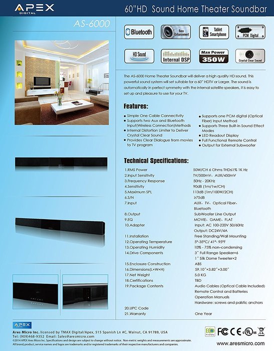 Apex Digital ASB 6000 HD Digital Home Theater Sound Bar, 350W N4 free ...