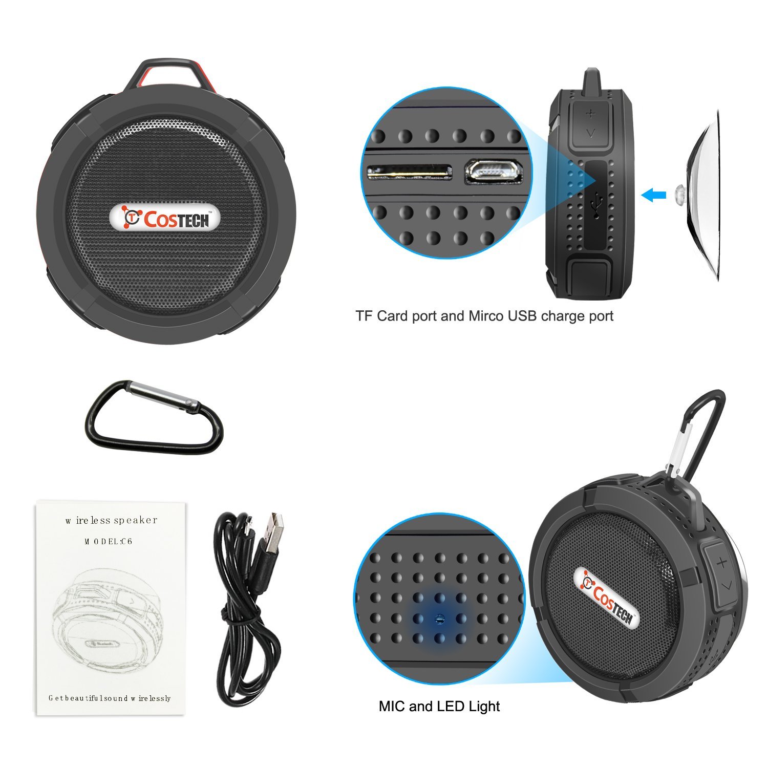 Waterproof Bluetooth Mini Speaker, Costech Portable IP65 Waterproof 5W ...