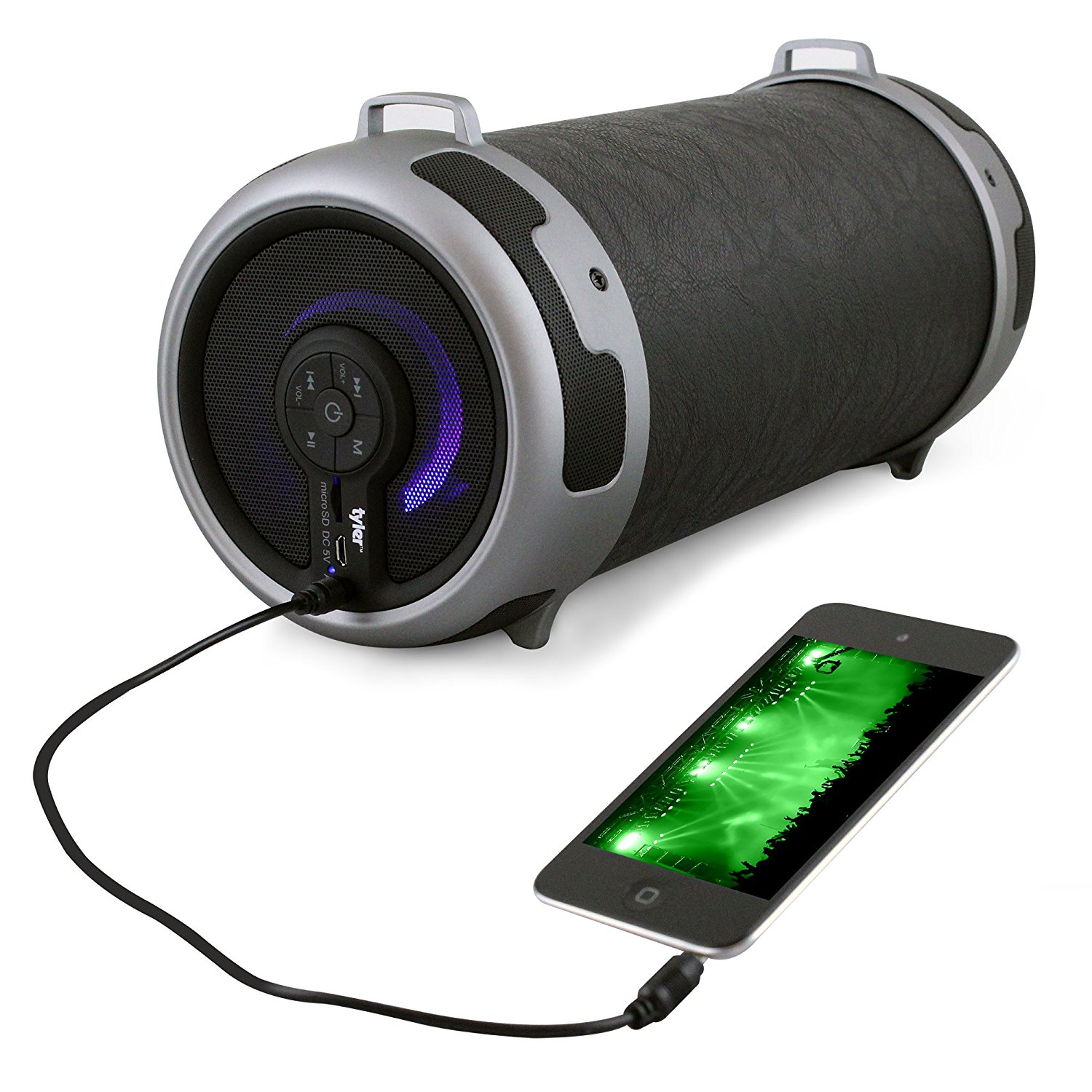 Tyler Portable Wireless Bluetooth Stereo Cylinder Speaker TWS401-BK with LED Light, FM Radio ...