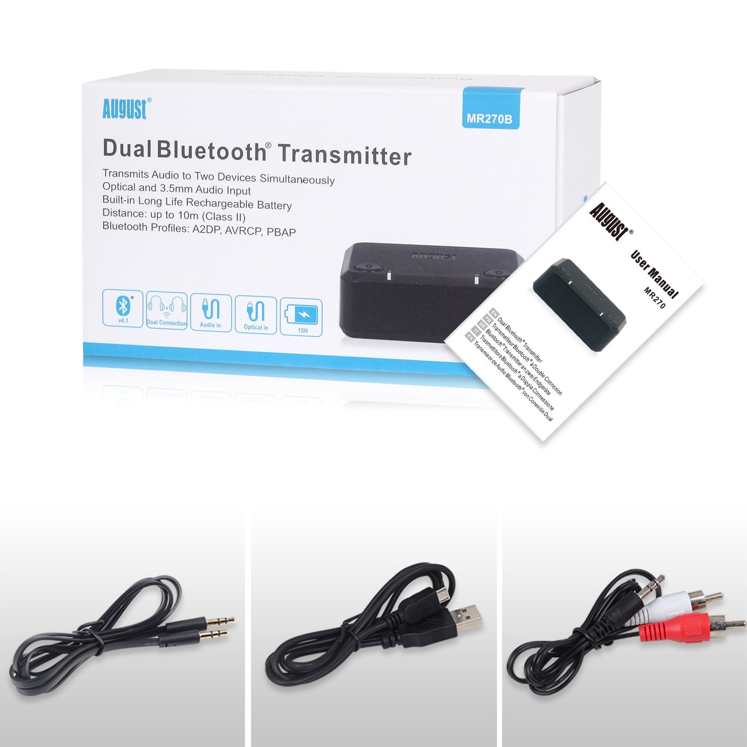 August MR250 Bluetooth Wireless Transmitter - Audio Sender for TV to ...