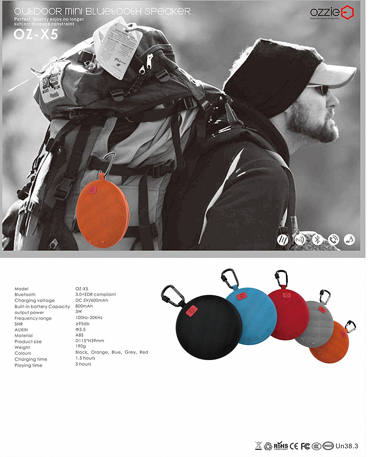 Ozzie Mini Wireless Portable Stereo Bluetooth 3.0 Waterproof Outdoor ...