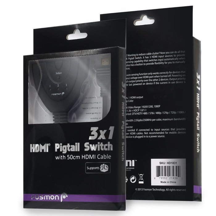 Fosmon HD1831 3-Port HDMI Switch with Pigtail Cable N2 free image download