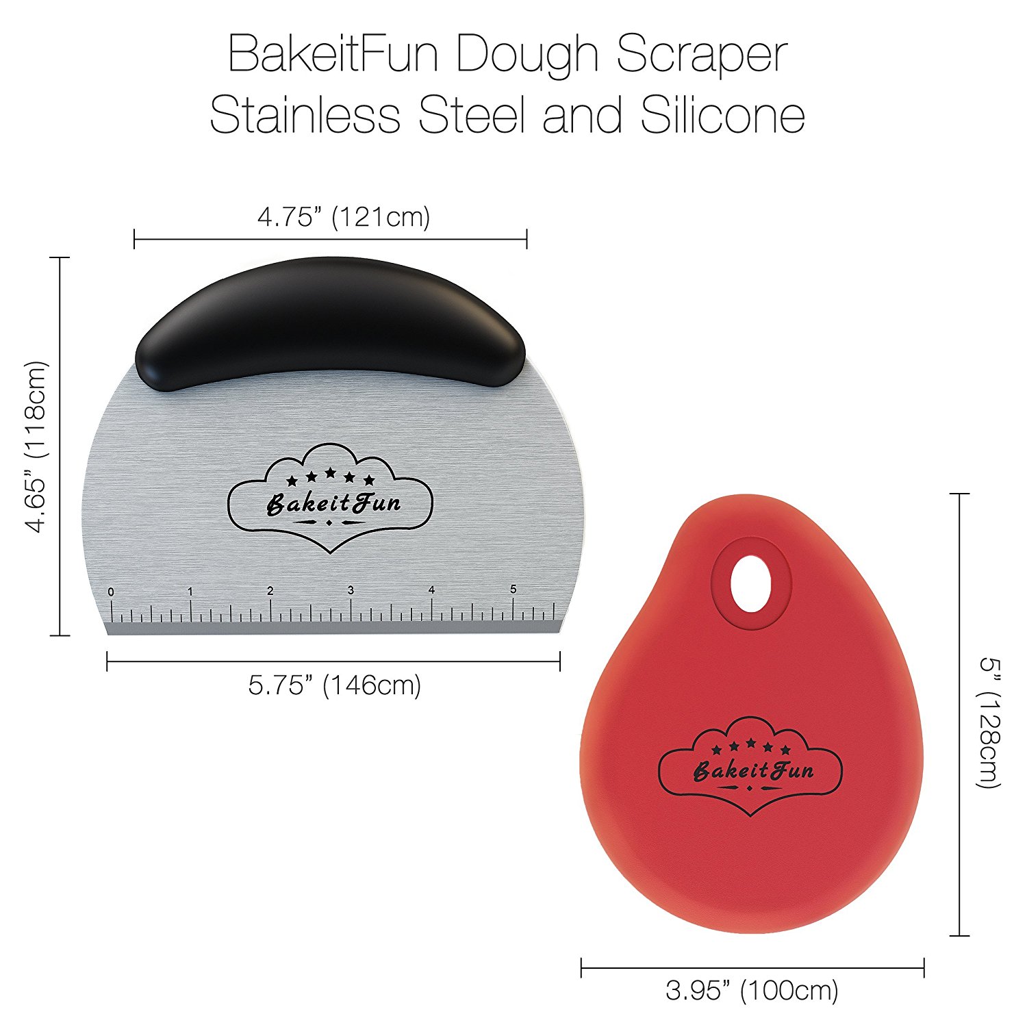 BakeitFun Large Stainless Steel and Silicone Dough Scrapers Set ...