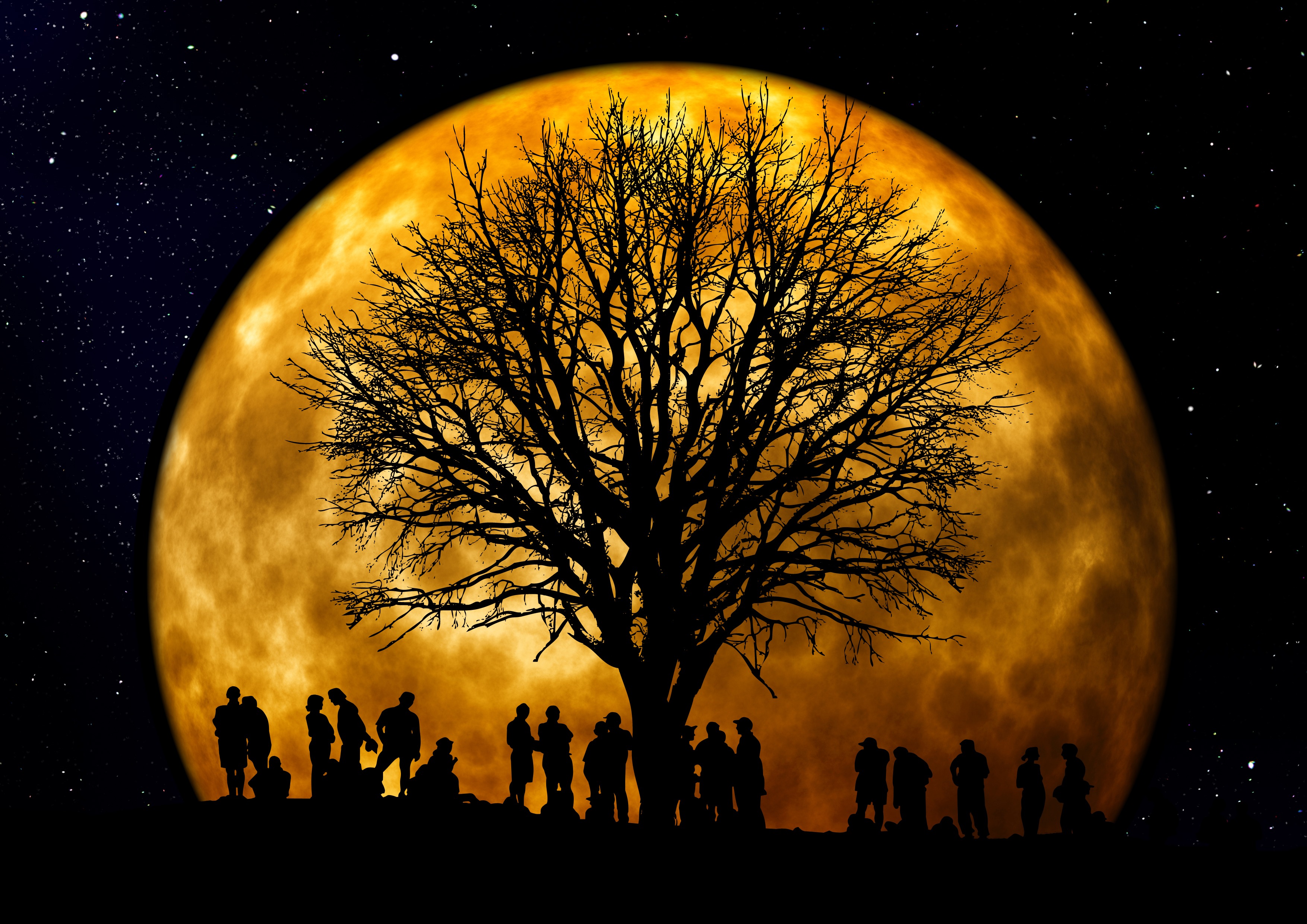 Silhouette of people group on the moon background free image download