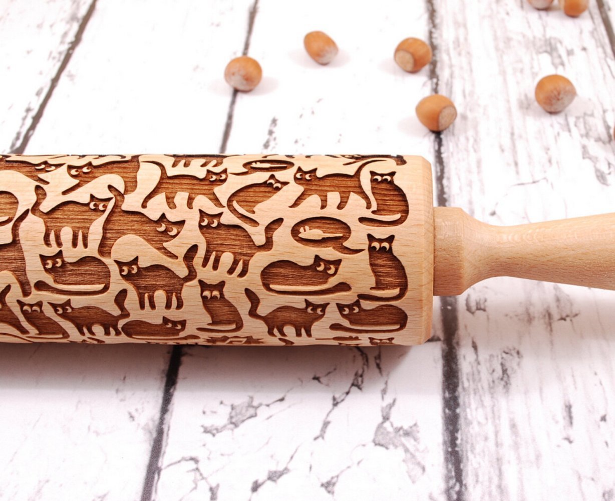Cats Pattern Embossing Rolling Pin,Wooden Laser Engraved Rolling Pin ...