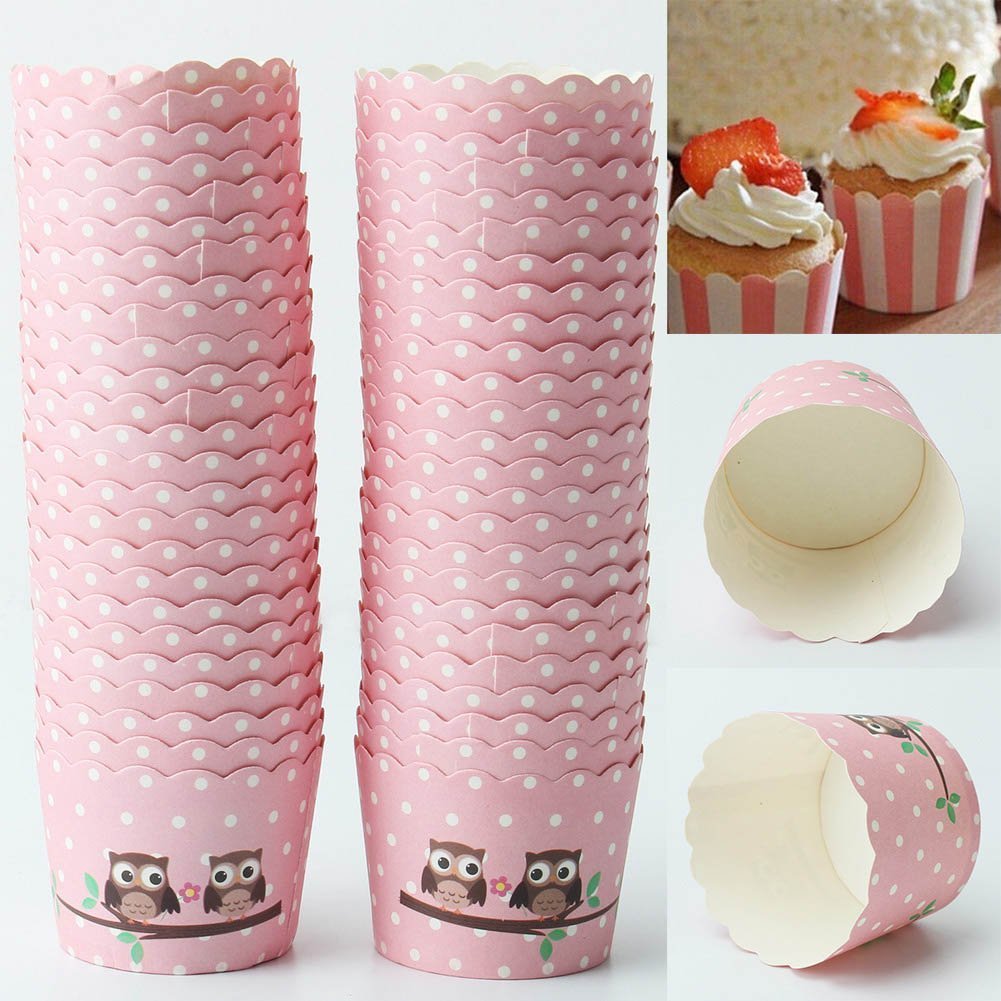 50Pcs Baking Cups Pattern Pink Polka Dot Owl for Cupcake and Muffin ...