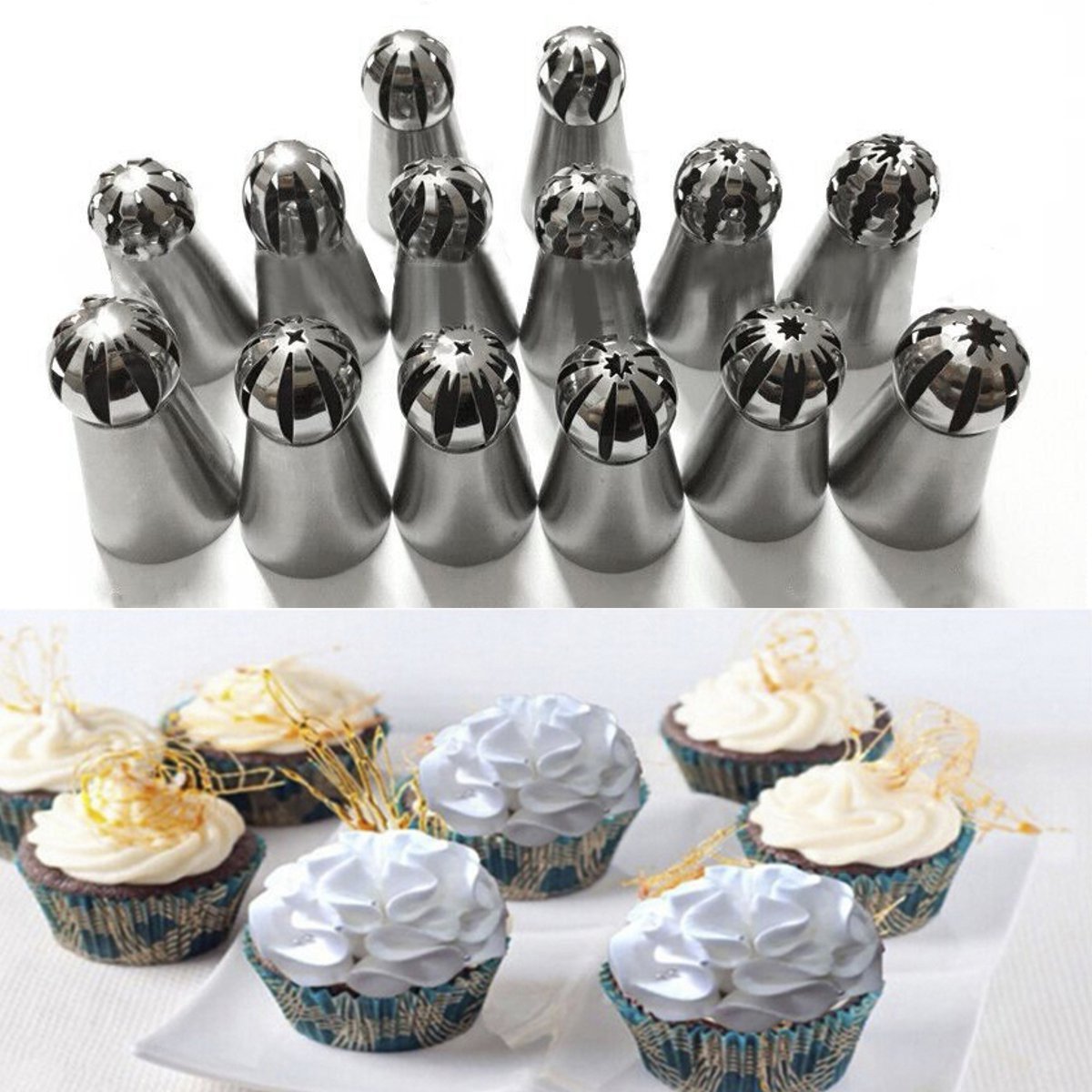 "14 Pcs Different Style Sphere Ball Flower Cake Decor Icing Piping ...