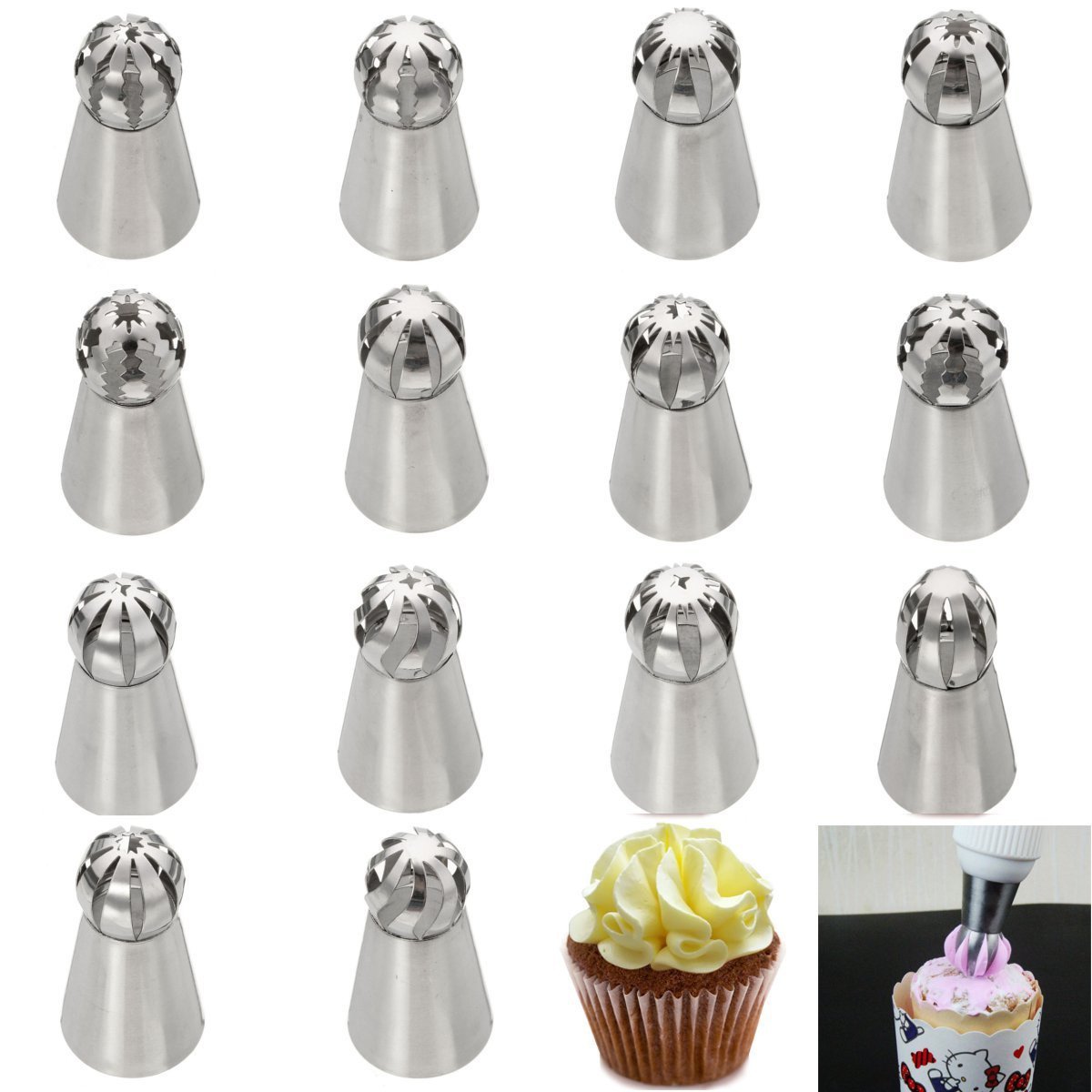 "14 Pcs Different Style Sphere Ball Flower Cake Decor Icing Piping ...