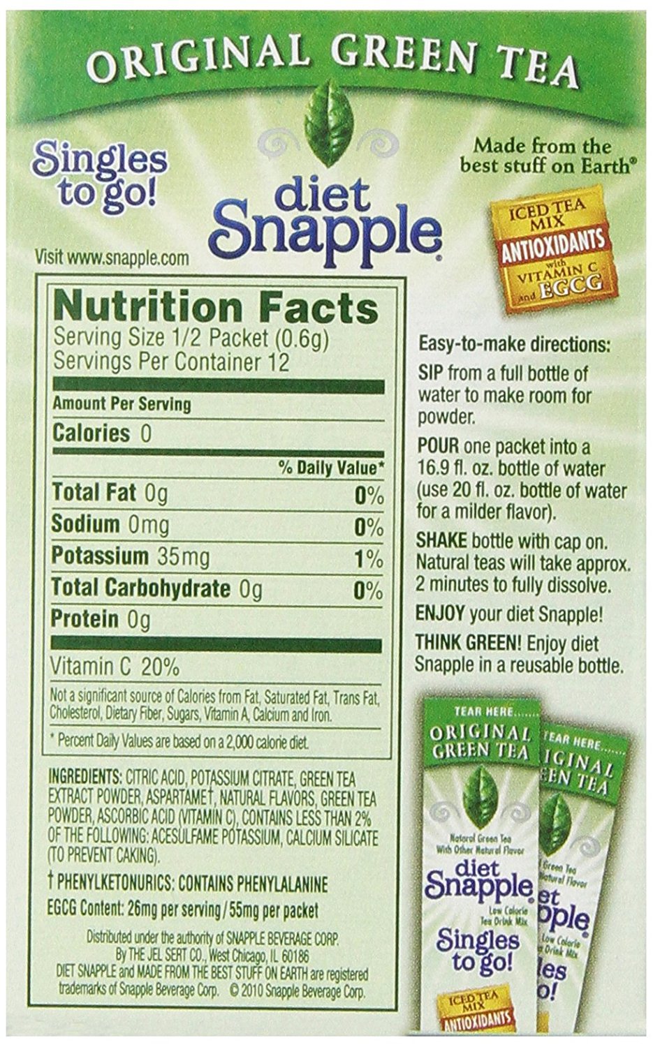 Diet Snapple Singles To Go Green Tea, 6-Count, Pack of 12 N3 free image ...
