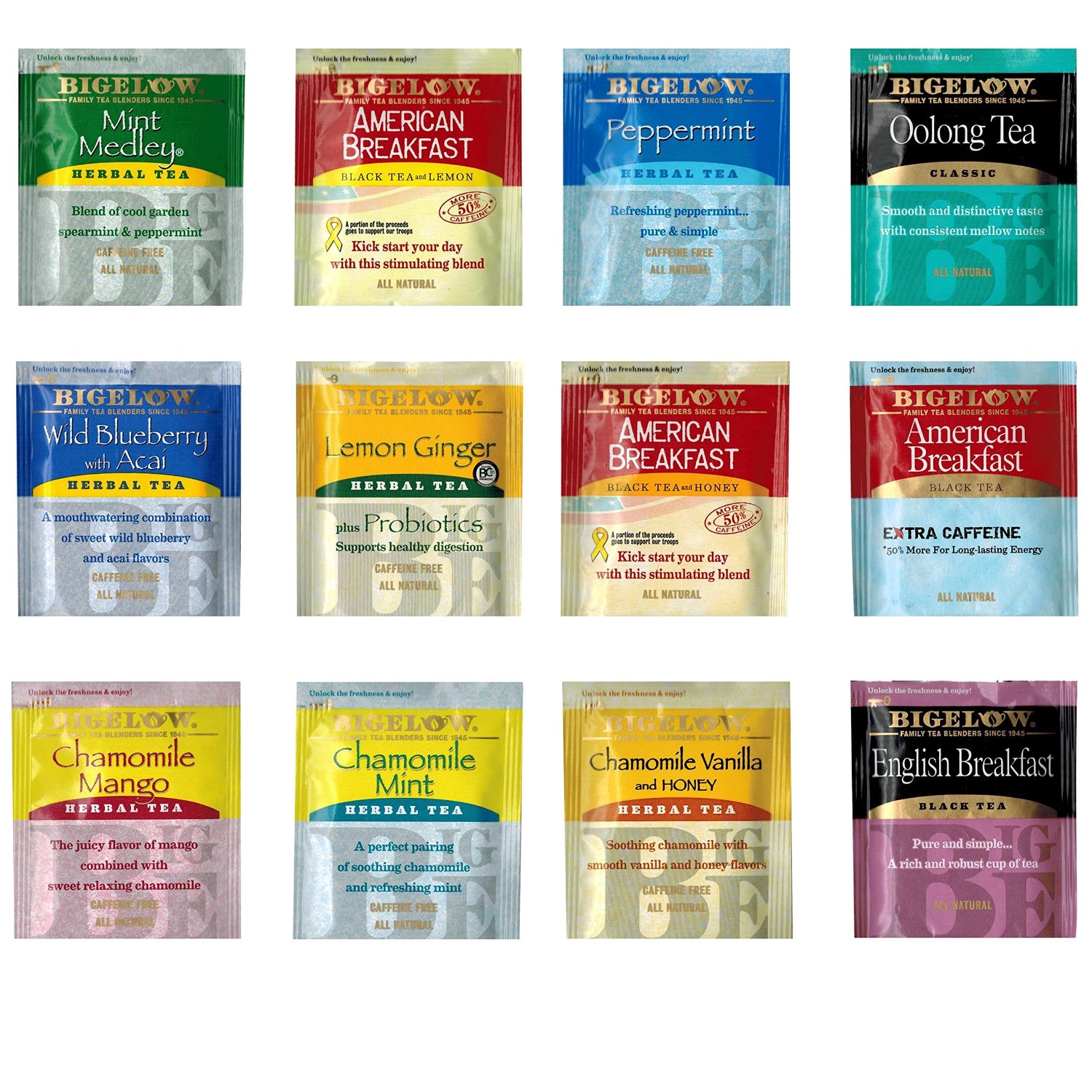 Bigelow Tea Sampler 54 Classic Flavor Assortment Tea Bags in Foil with ...