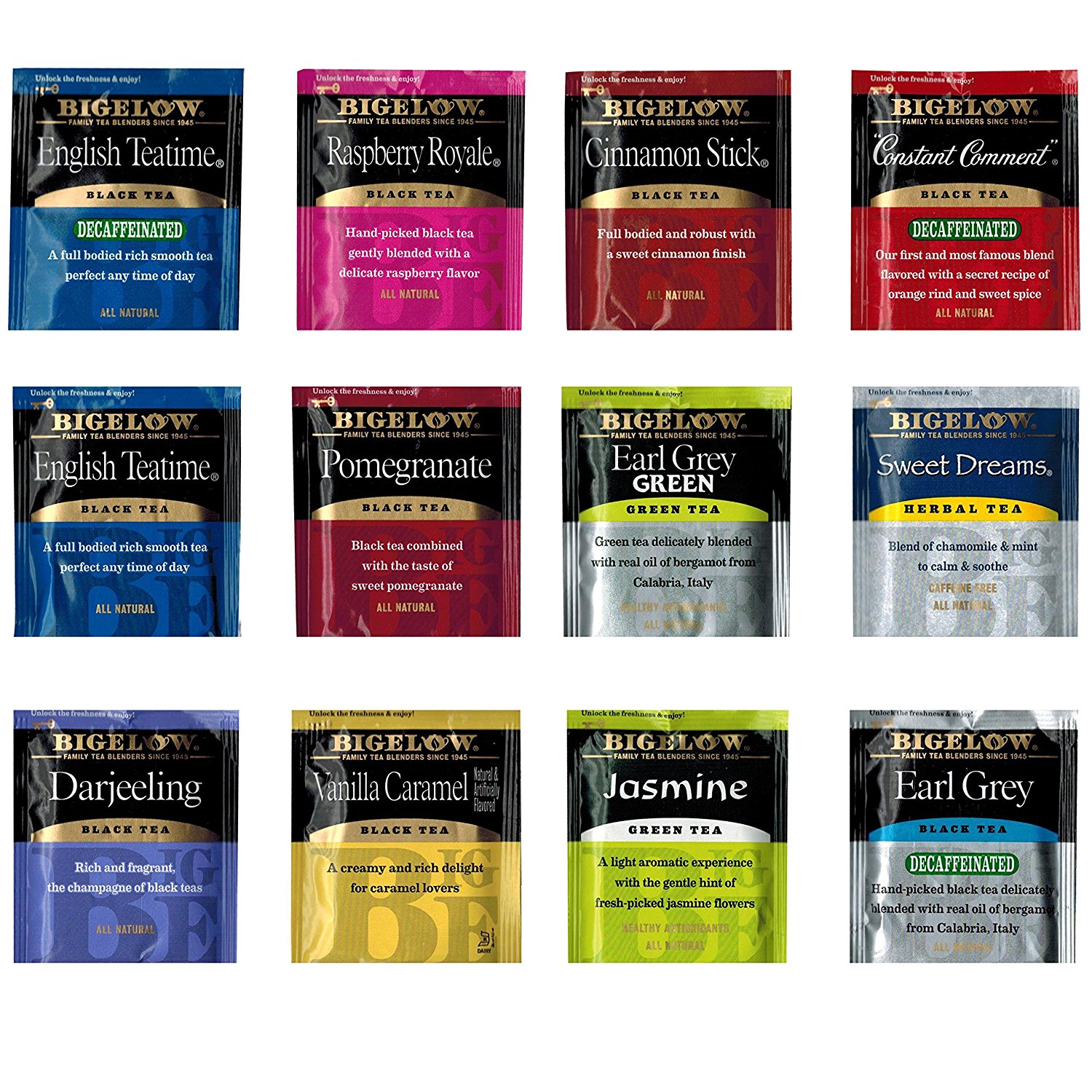 Bigelow Tea Sampler 54 Classic Flavor Assortment Tea Bags in Foil with ...